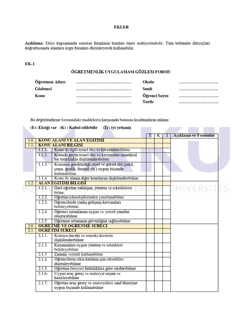 ÖGRETMENLİK UYGULAMASI GÖZLEM FORMU Ek1 | PDF