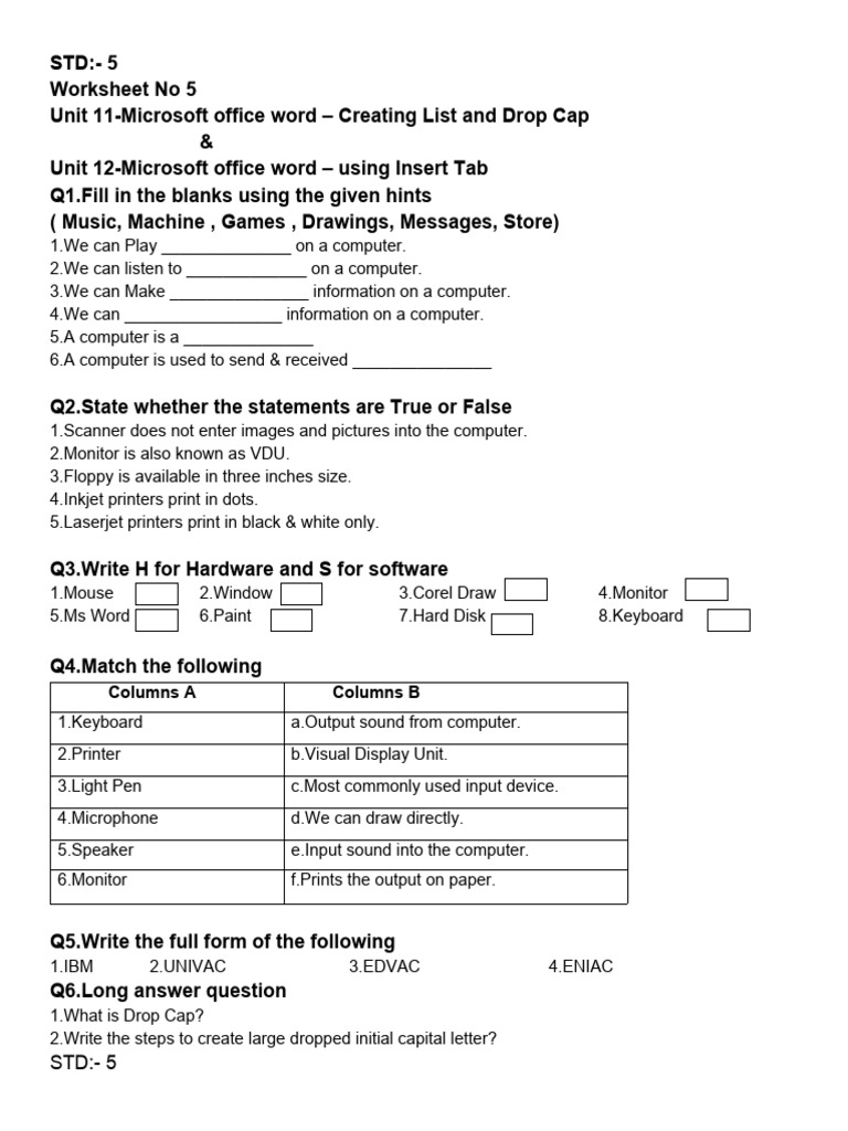 Computer Science Worksheet STD 4,5,6 | PDF | Computer Monitor | Printer (Computing)