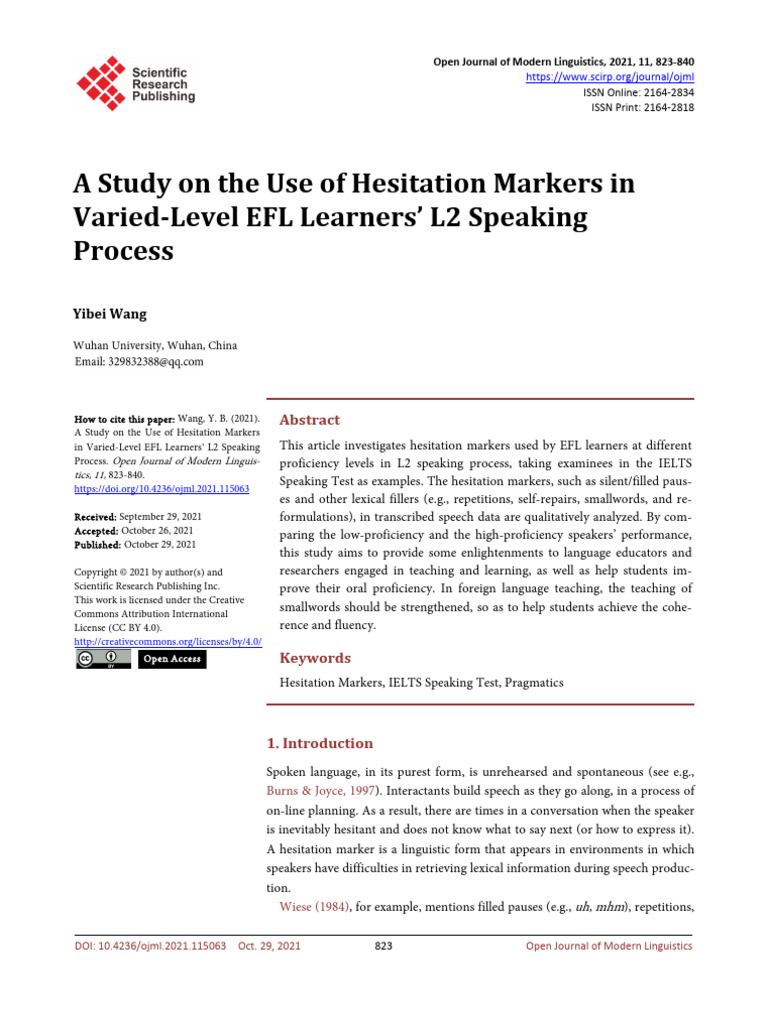 A Study On The Use of Hesitation Markers in Varied | PDF | Fluency ...