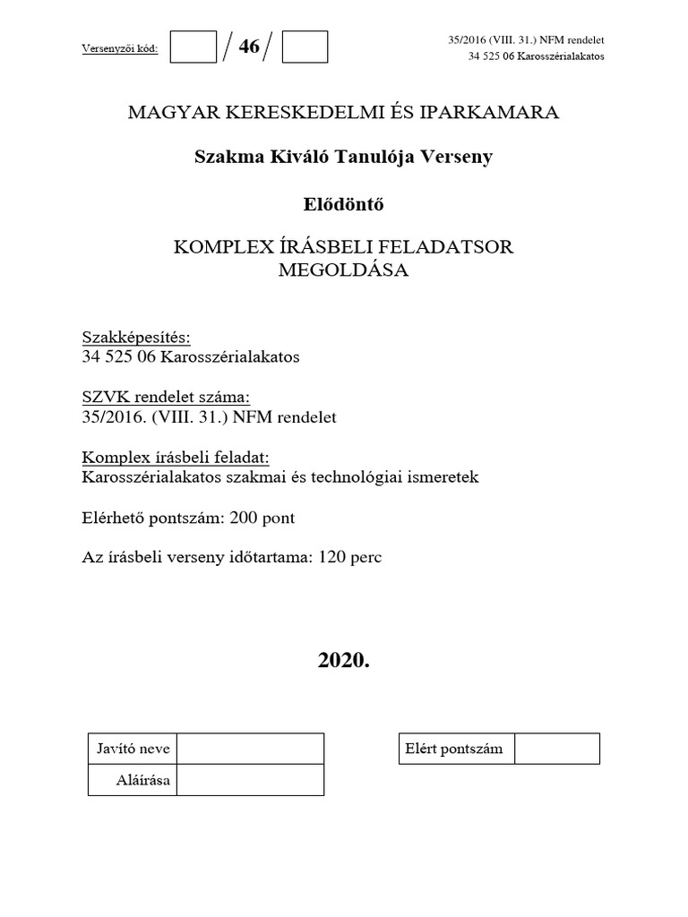 2020 Karosszérialakatos Megoldás | PDF