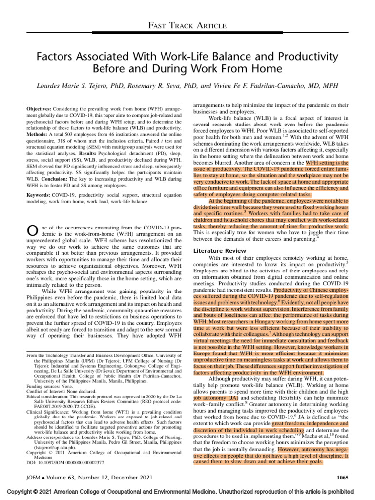 Factors Associated With Work-Life Balance and Productivity Before and During Work From Home | PDF