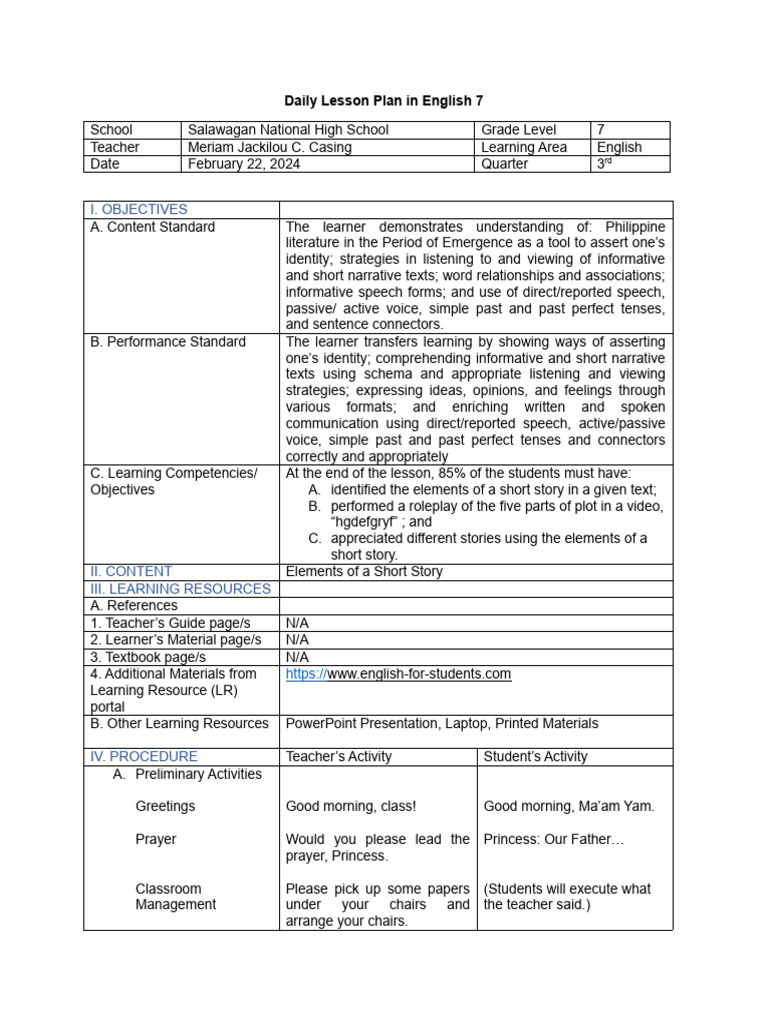 Elements of a Short Story Lesson Plan | PDF | Plot (Narrative) | Lesson ...