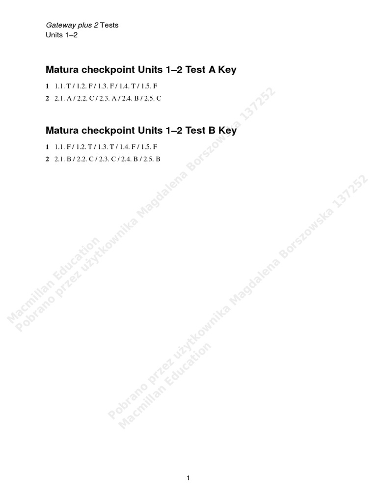 Gateway Plus 2 Matura Checkpoint Units 1-2 Answer Key | PDF