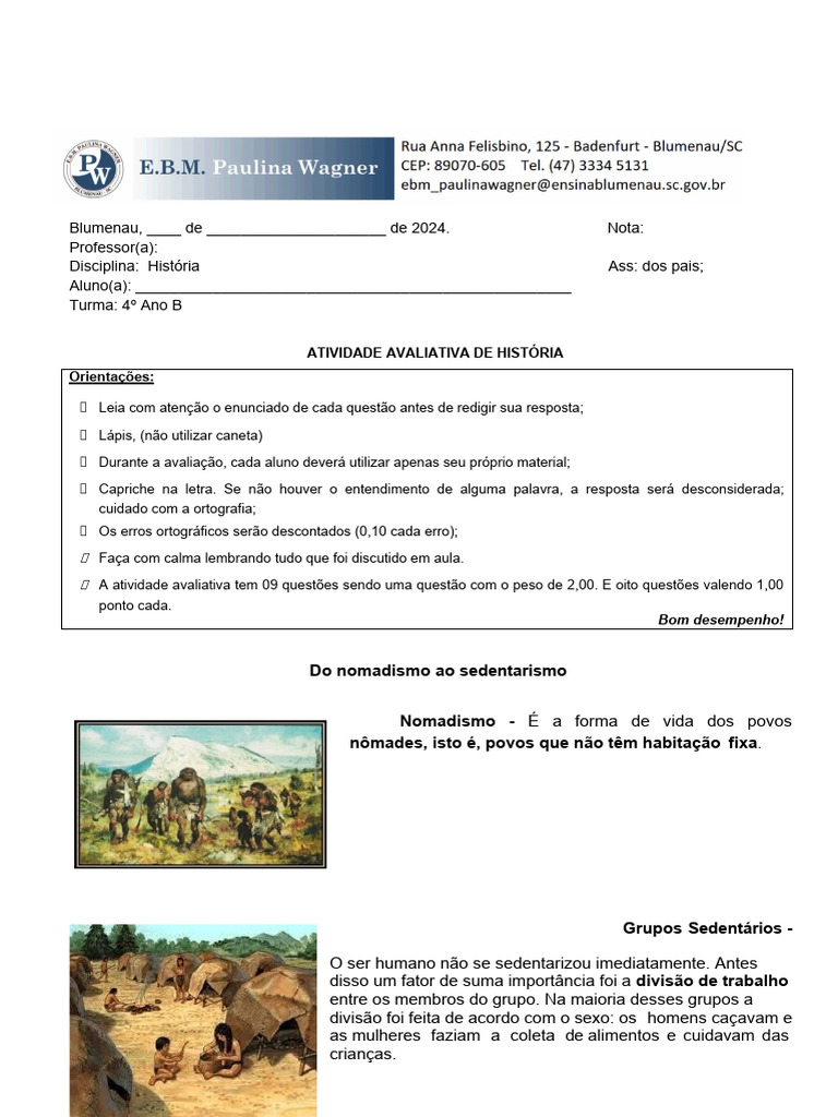 Nomadismo Sedentarismo 4º Ano CORRIG - GEOG.HIST - (1) PAULINA | PDF