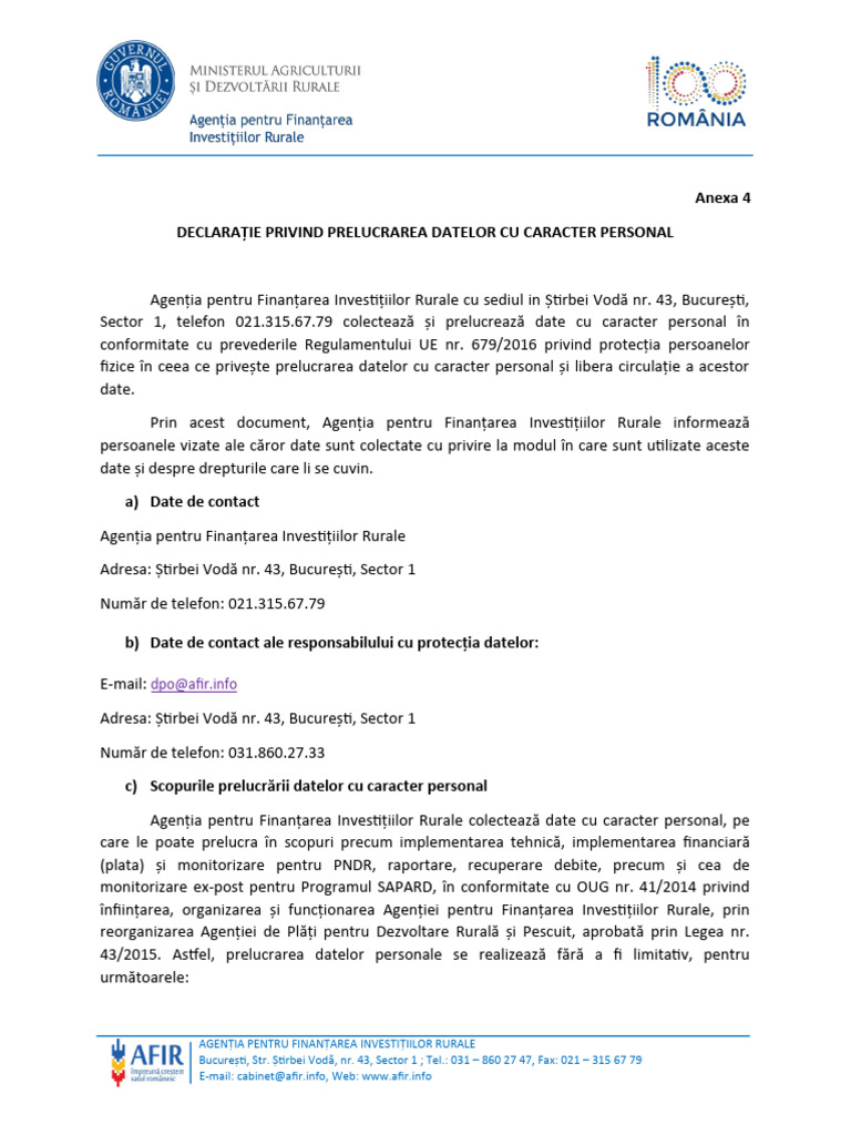 Anexa 4 - Declaratie - Privind - Prelucrarea - Datelor - Cu - Caracter - Personal | PDF
