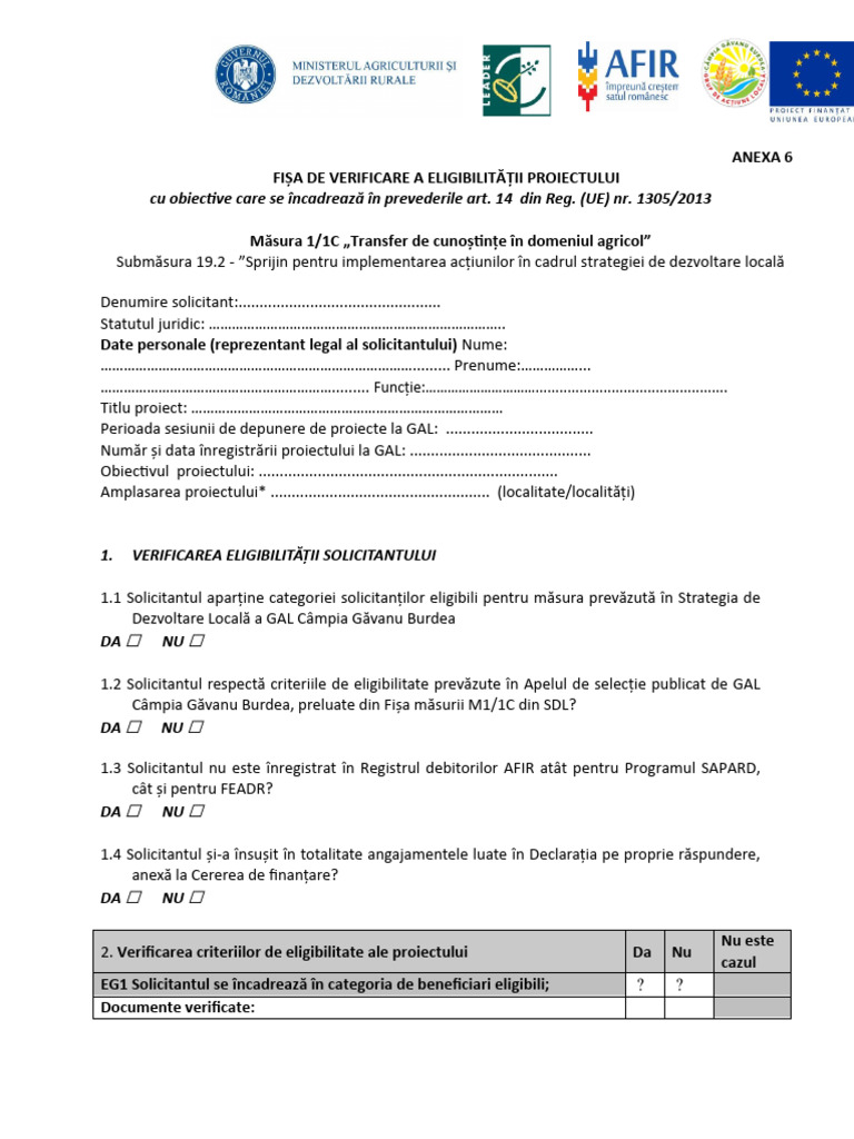 Anexa 6 - Fisa Eligibilitate - Metodologia de Verificare M1 - 1C | PDF