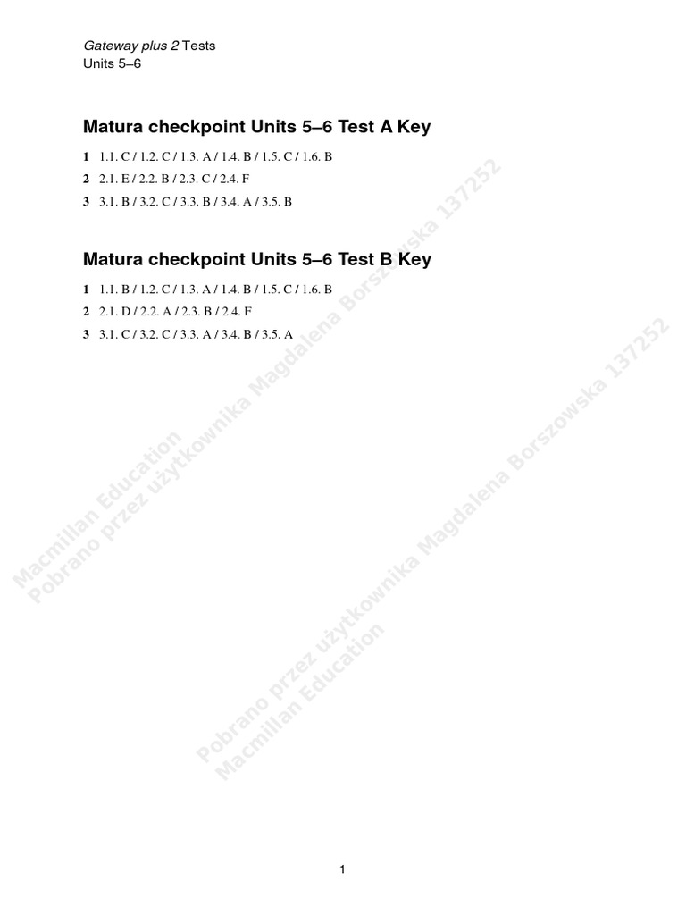 Gateway Plus 2 Matura Checkpoint Units 5-6 Answer Key | PDF