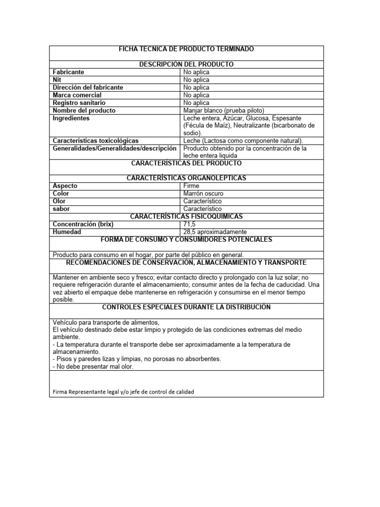 FICHA TECNICA DE PRODUCTO TERMINADO | PDF | Leche | Alimentos