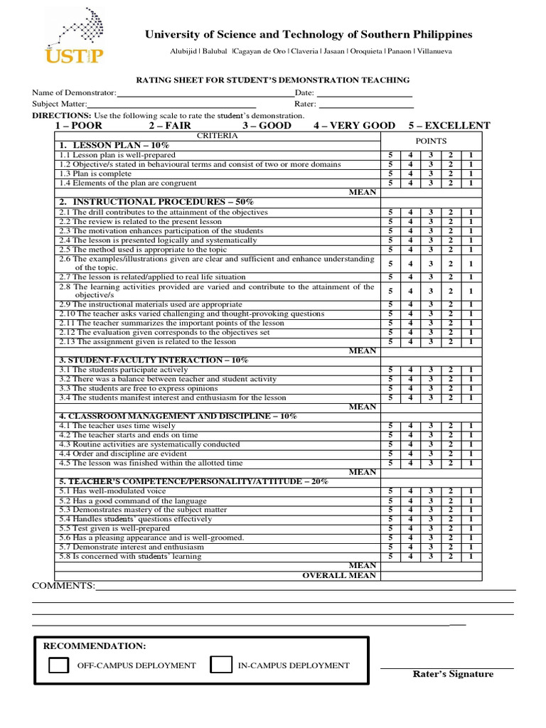 Rating Sheet For Student Demonstration 1 1 | PDF