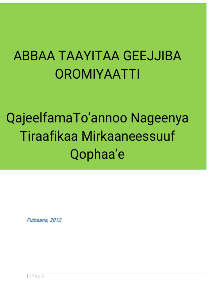 QajeelfamaTo'Annoo Nageenya Tiraafikaa Lakk 11 Bara 20121 | PDF