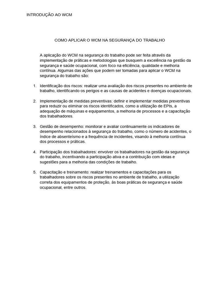 Como Aplicar o WCM Na Segurança Do Trabalho | PDF