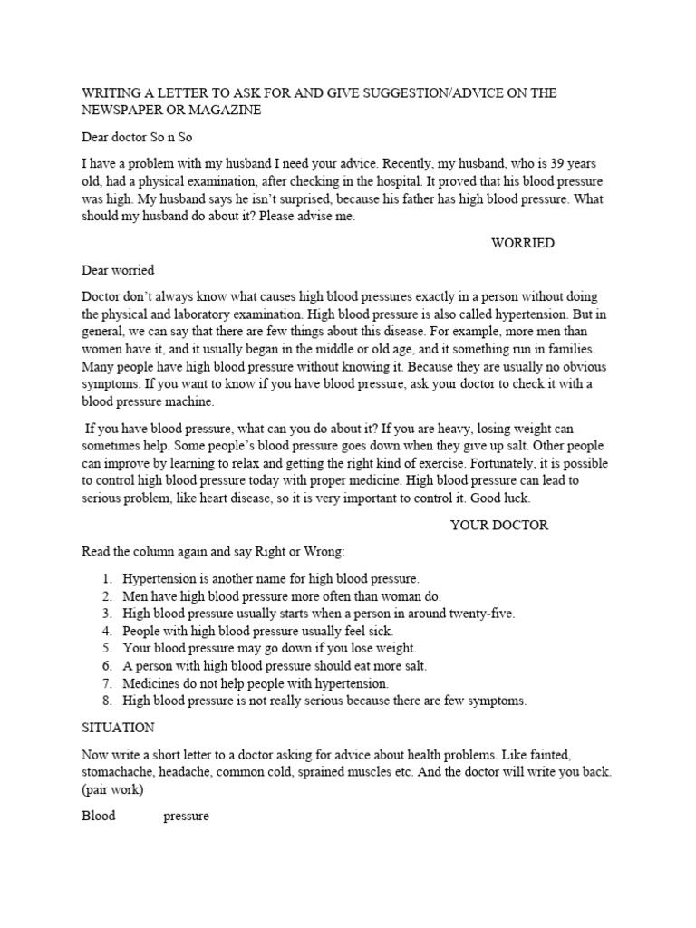 Writing A Letter To Ask For and Give Suggestion | PDF | Hypertension ...