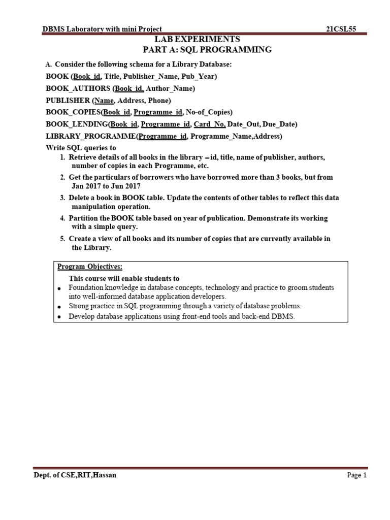 DBMS Lab Manual - 21CSL55 | PDF | Databases | Sql