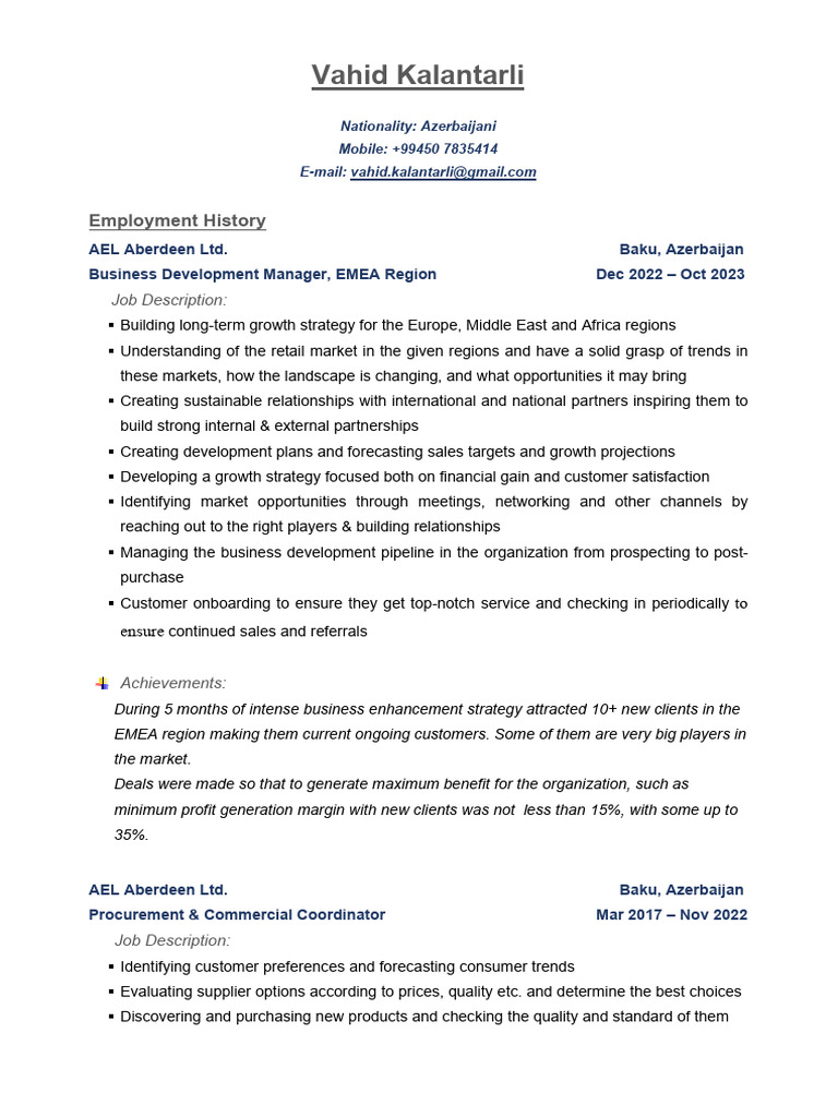 Resume Vahid Kalantarli | PDF | Customer | Sales