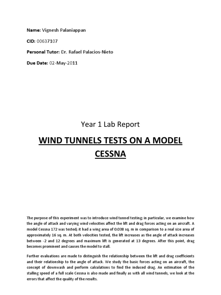 Wind Tunnels Tests On A Model Cessna: Year 1 Lab Report | Download Free ...