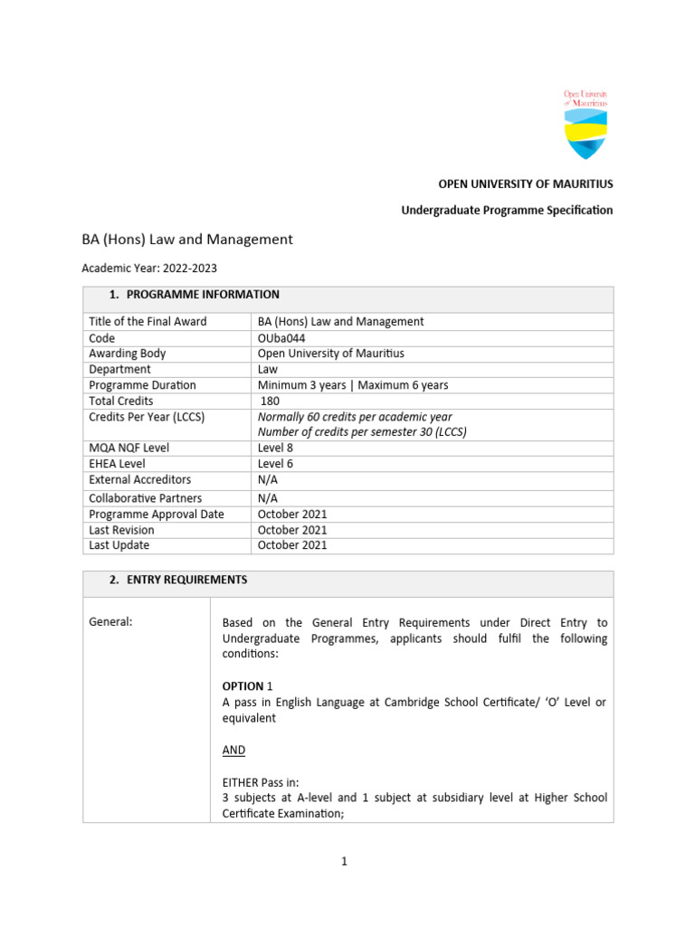 BA (Hons) Law and Management Overview | PDF | Learning | Educational ...