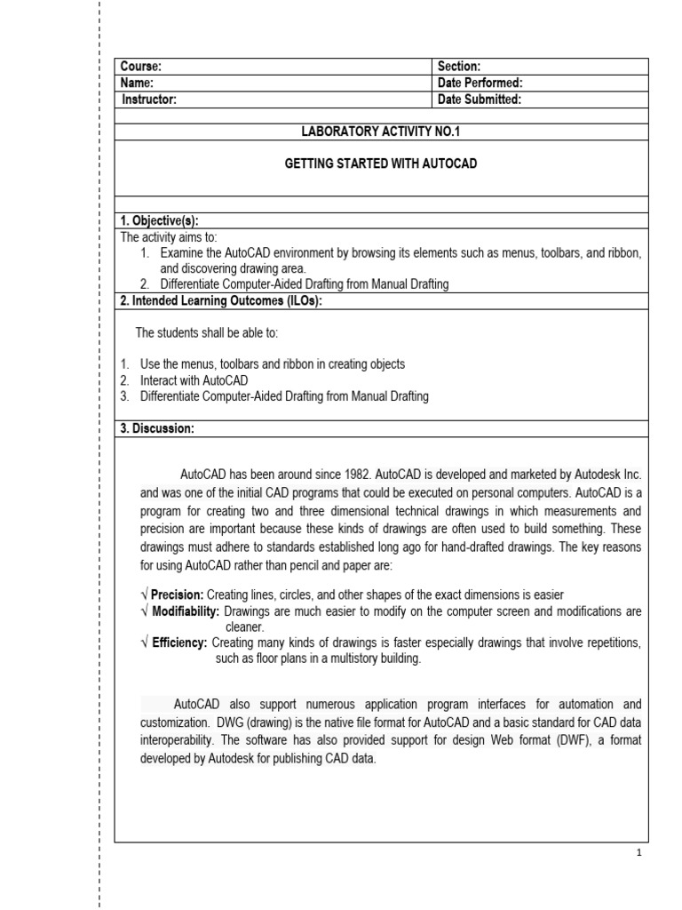 Cadd001 Laboratory1 Getting Started With Autocad | PDF | Human–Computer Interaction | System ...