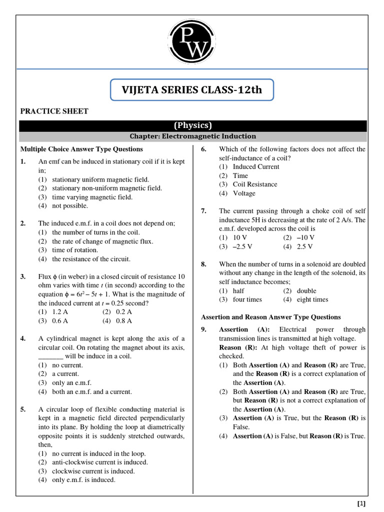 Electromagnetic Induction - Practice Sheet - VIJETA SERIES CLASS-12TH ...