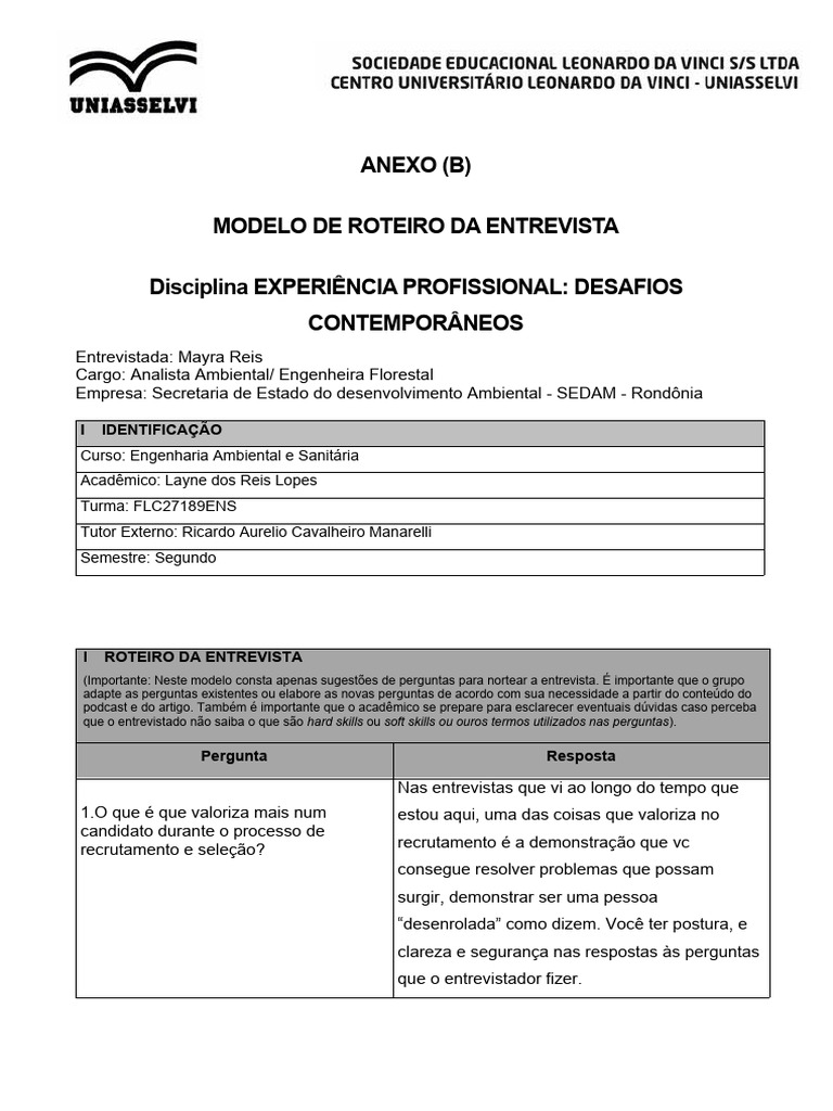 Anexo B_Roteiro da Entrevista Lay | PDF