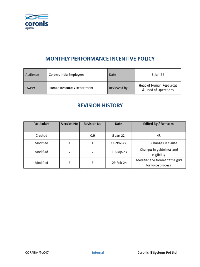 Monthly Performance Incentive Policy | PDF | Incentive | Audit