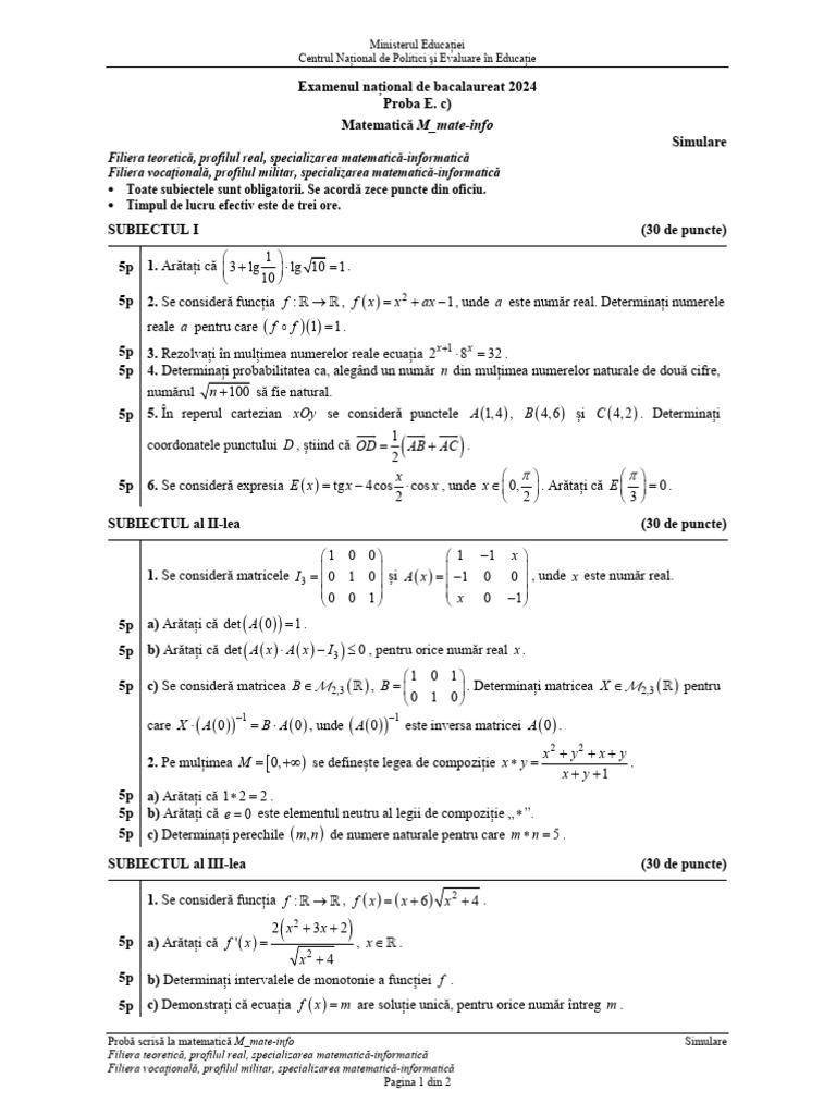 E C Matematica M Mate-Info 2024 Var Simulare LRO | PDF