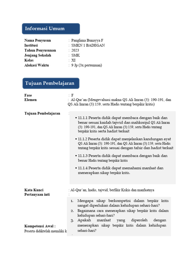 1 - Modul Ajar Kelas 11 F QURDIS QS Ali Imron | PDF | Karier & Perkembangan