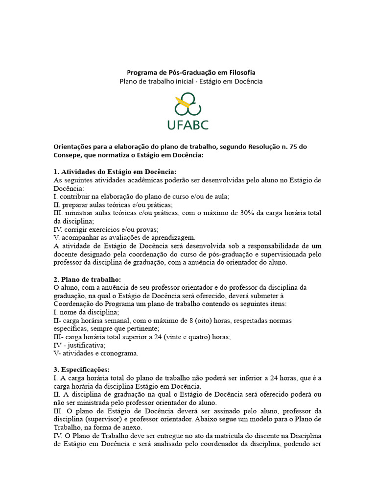 Plano de Trabalho Estagio Docencia | PDF | Pós-graduação