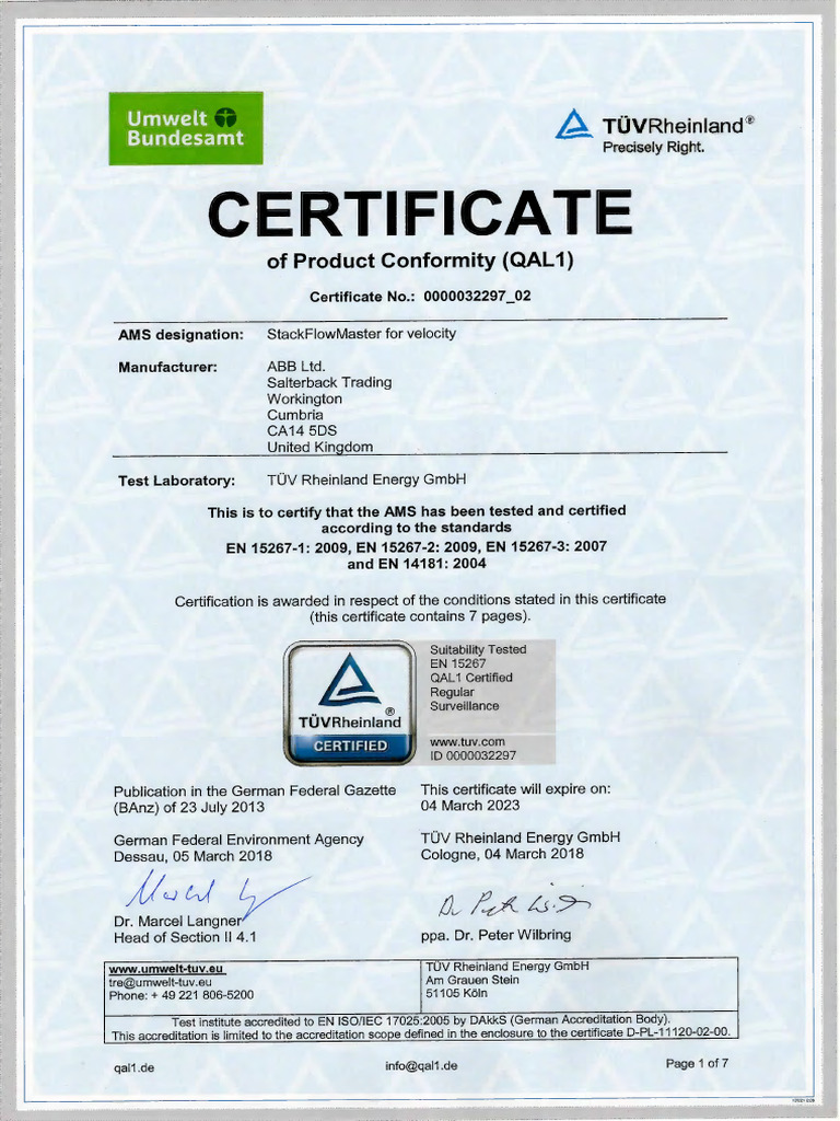 CERTIFICATE of Product Conformity (QAL1) | PDF