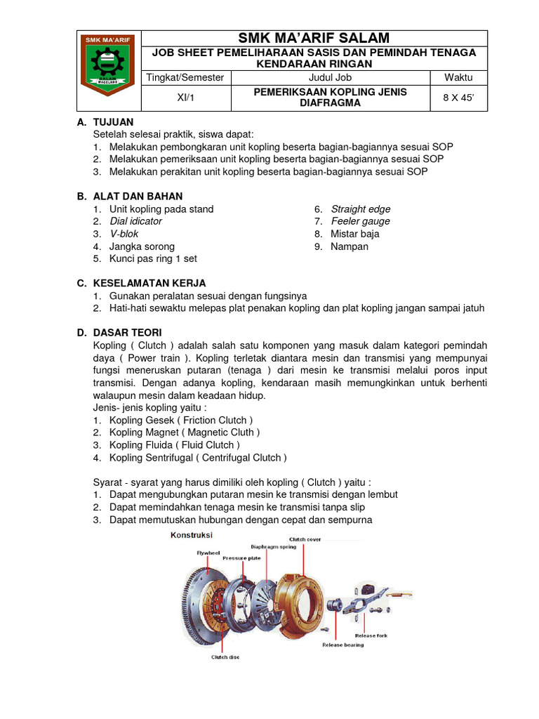 Job Sheet Pemeriksaan Kopling Diafragma | PDF