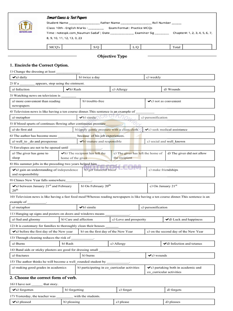 Class 10 English Grammar MCQs | PDF | Multiple Choice