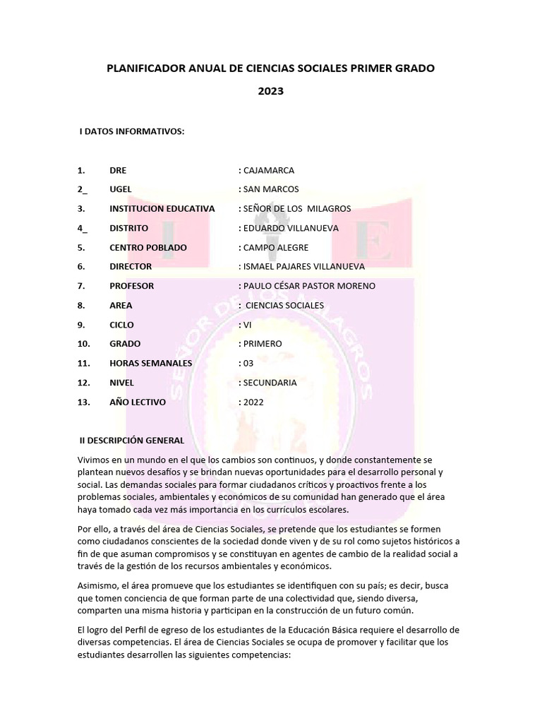 Programacion Anual CIENCIAS SOCIALES PRIMER GRADO 2023 | PDF ...