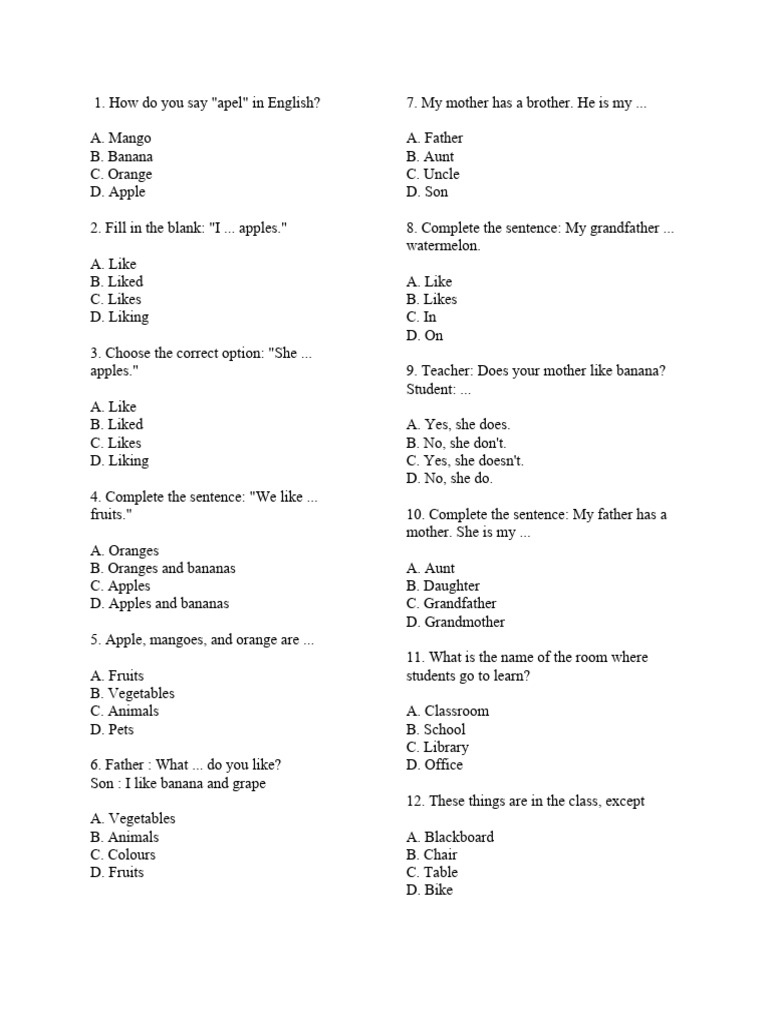 Soal Bahasa Inggris Kelas 2 | PDF | Fruit | Edible Fruits