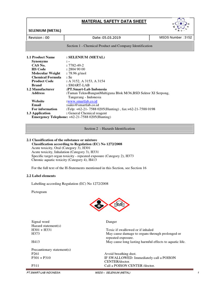 Msds Selenium (Metal) | PDF | Toxicity | Chemical Substances