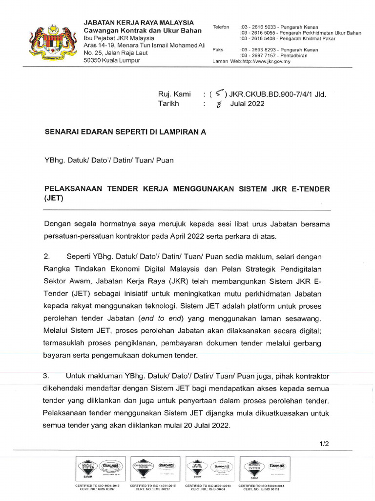 Surat - Pelaksanaan Tender Menggunakan Sistem JKR E Tender JET | PDF