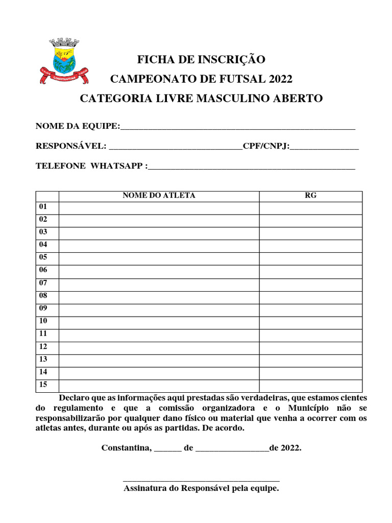 Ficha de Inscricao Campeonato de Futsal 2022 | PDF | Brasil