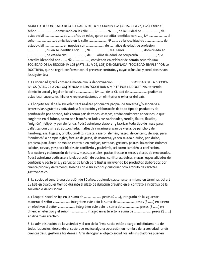 MODELO DE CONTRATO DE SOCIEDADES DE LA SECCIÓN IV LGS | PDF | Panes ...
