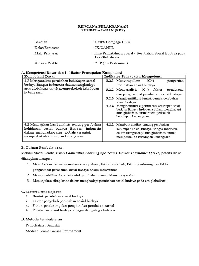 RPP Pembelajaran Model TGT | PDF