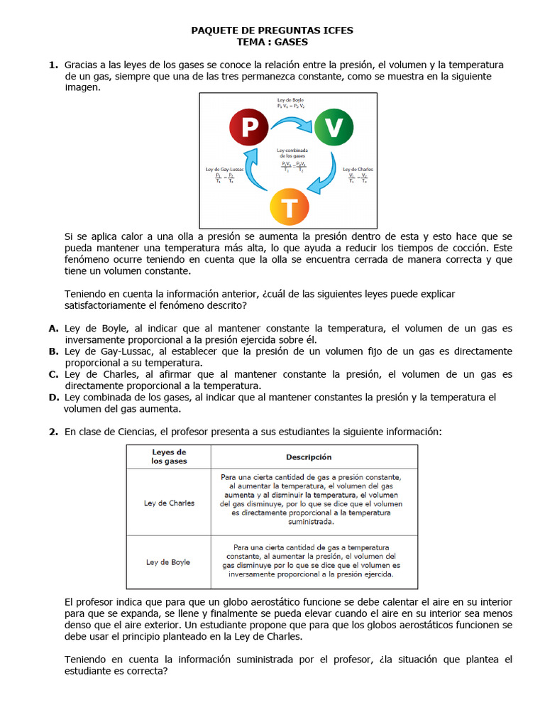 Preguntas Icfes 7 Gases | Descargar gratis PDF | Gases | Fase (materia)