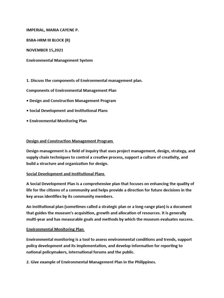 Imperial, Maria Cayenne P. (Environmental Management Plan) | PDF ...