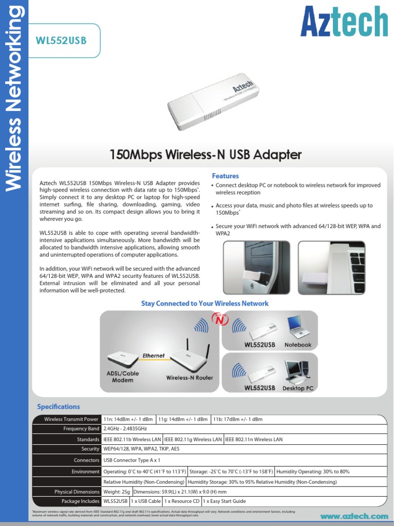 Aztech WL552USB OEM DataSheet | PDF | Wireless Lan | Wi Fi