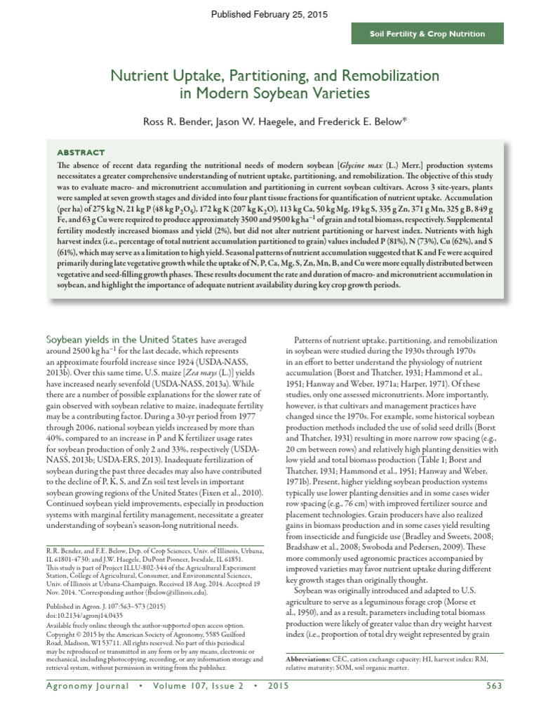 Nutrient Uptake Partitioning And Remobilization In Modern Soybean