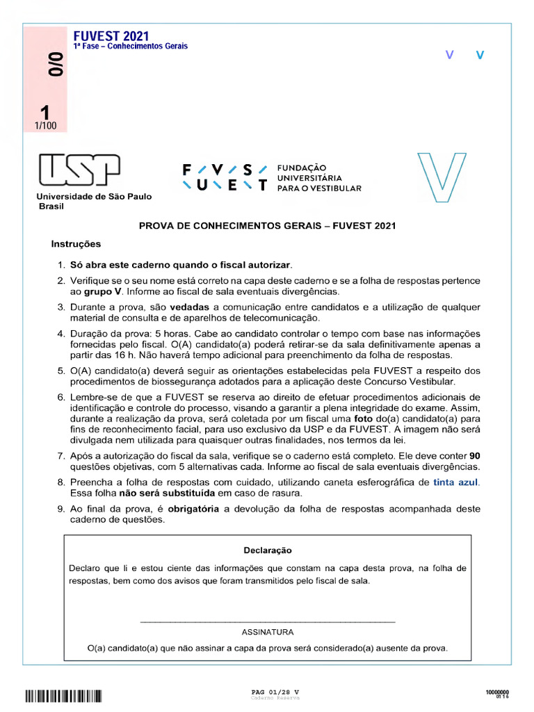 Fuvest 2021 Usp Vestibular Prova | PDF