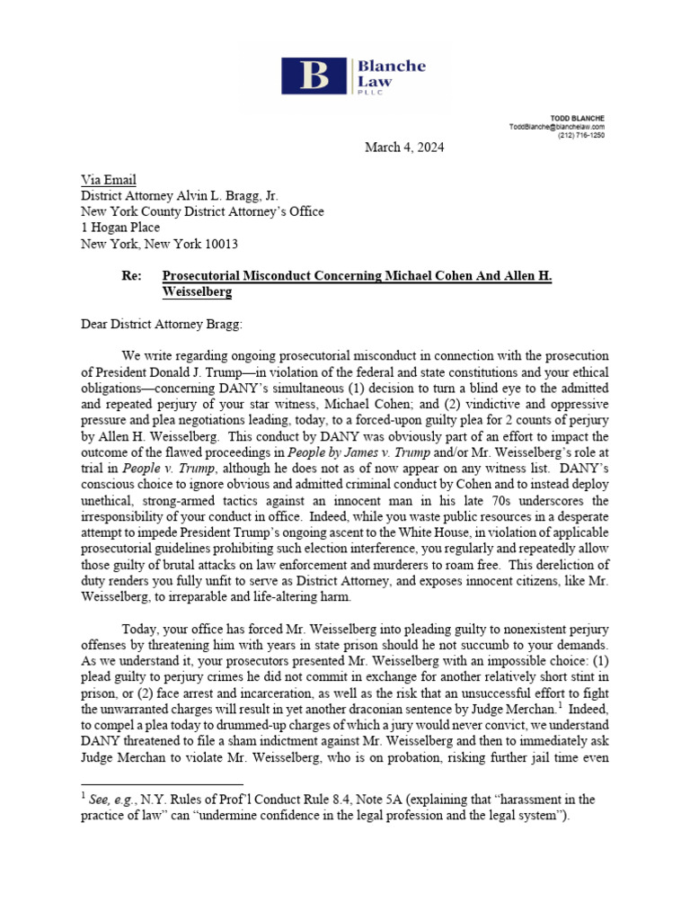 Trump Letter To Alvin Bragg Re Trial in New York | PDF | Perjury | Plea