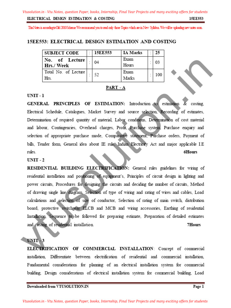 Electrical Estimation and Costing 15ee553 Notes Unlocked | PDF ...