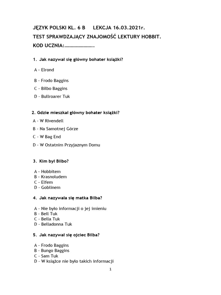 J Polski KL 6-b Sprawdzian Lektura Hobbit 16.03.2021 | PDF
