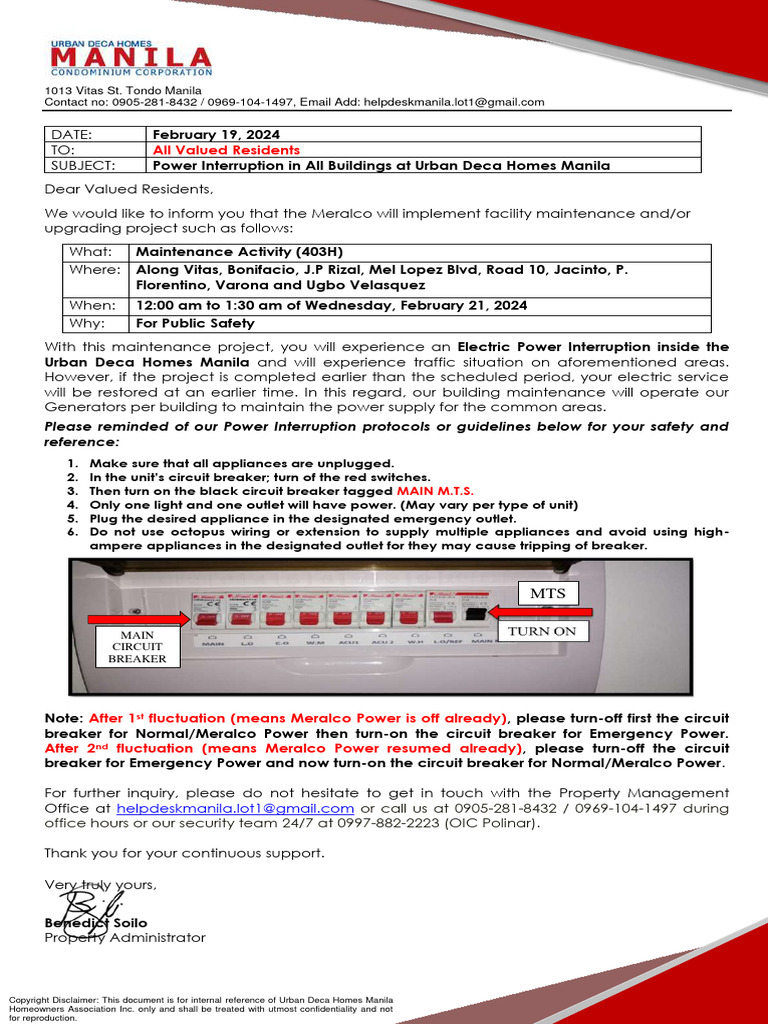 Memo - Meralco Electric Interruption.02192024 | PDF | Electrical Wiring ...
