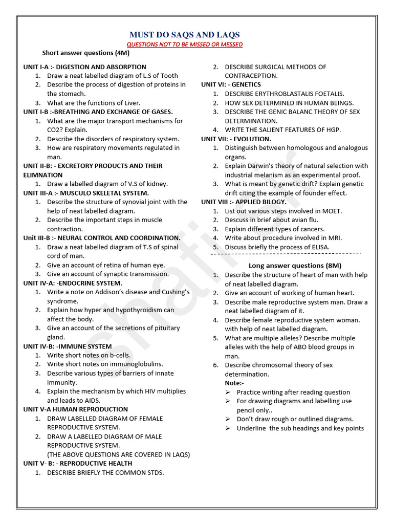Essential SAQs and LAQs for Biology | PDF | Skeletal Muscle | Medical Specialties