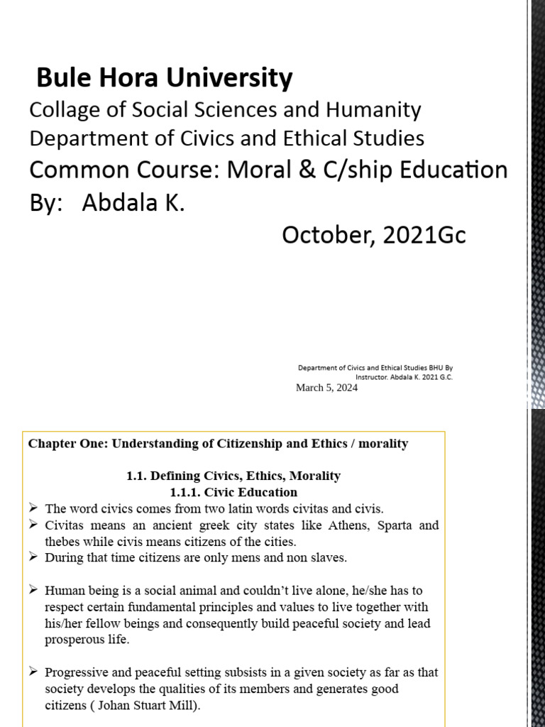 Chapter One Moral and Civics Education Power Point | PDF | Morality | Civics