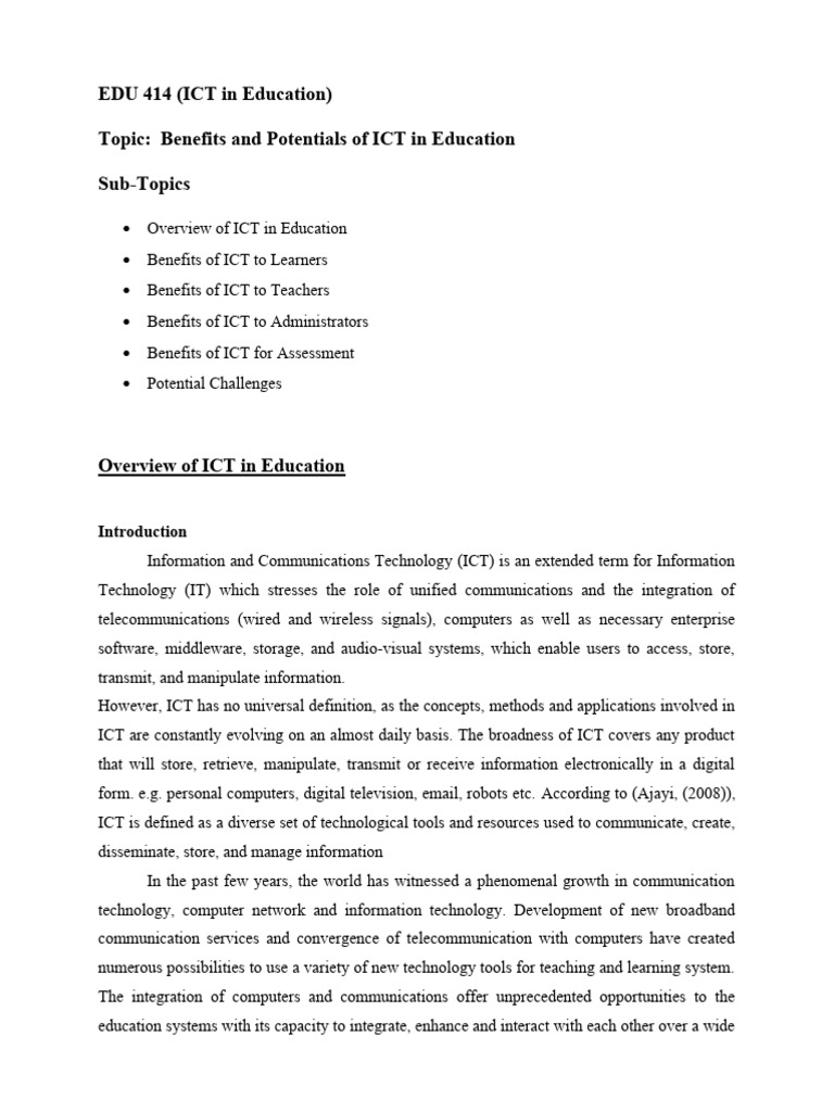 EDU 414 (Benefits and Potetial Challeges of ICT in Education) | PDF ...