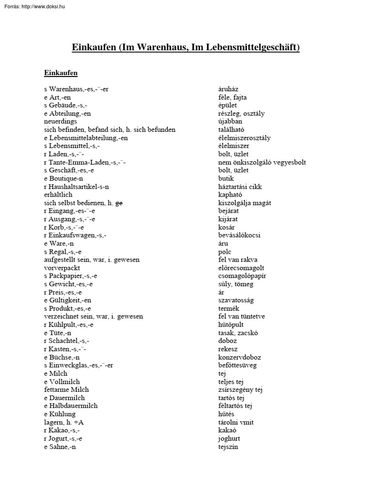 Nemet Szoszedet Einkaufen Im Warenhaus Im Lebensmittelgeschaft | PDF